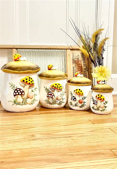 Vintage Merry Mushroom Ceramic Canister Set Of Four 4 Sears Merry