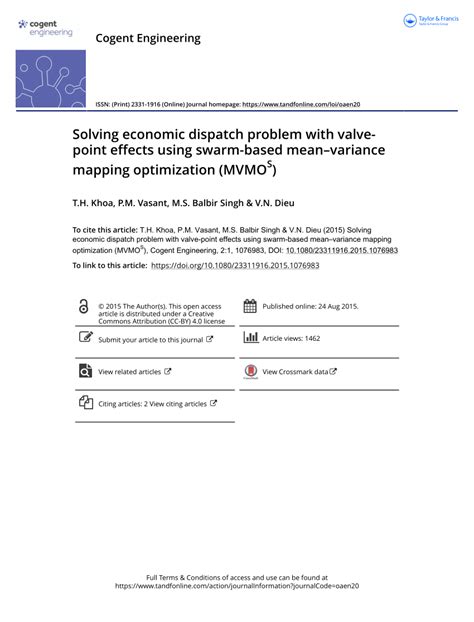 pdf solving economic dispatch problem with valve point effects using swarm based mean variance