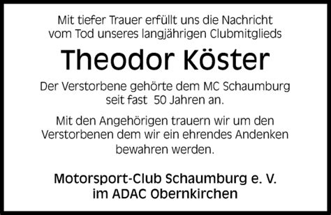Traueranzeigen von Theodor Köster trauer anzeigen de