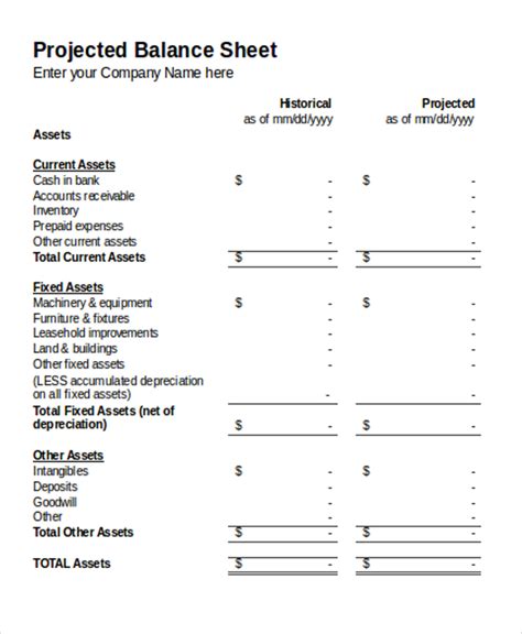 Projected Balance Sheet Template