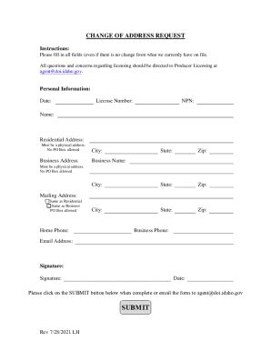 Fillable Online Doi Idaho Change Of Address Request Form Doi Idaho