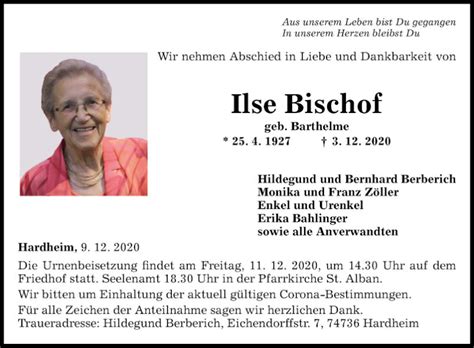 Traueranzeigen Von Ilse Bischof Trauerportal Ihrer Tageszeitung