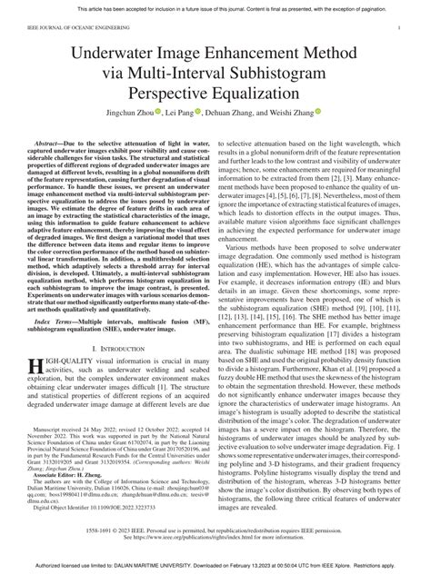 pdf underwater image enhancement method via multi interval sub histogram perspective equalization