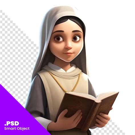 Ilustración 3d de una joven monja leyendo un libro aislado sobre fondo