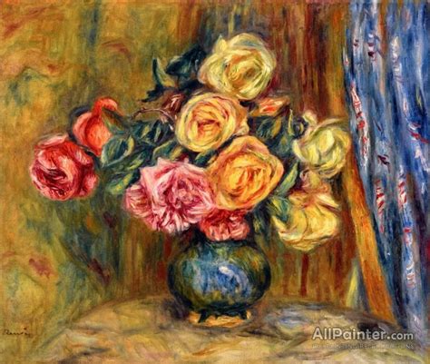 Pierre Auguste Renoir Roses With Blue Curtain Oil Painting