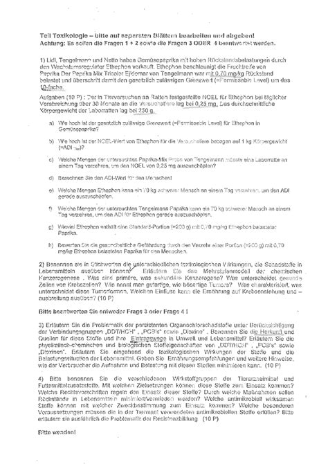 Toxikologie WS1617 Klausur Teil Toxikologie Bitte Auf Separaten