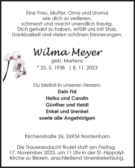 Traueranzeigen Von Wilma Meyer Nordwest Trauer De