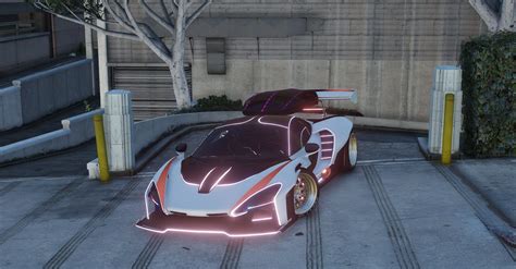 A Futuristic Car Parked In A Parking Lot Next To Some Trees And Bushes