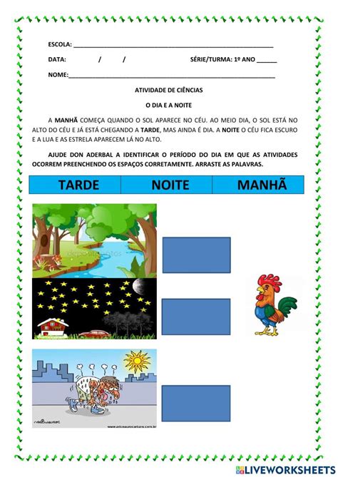 Dia e noite exercise for 1º ANO School subjects Teachers Workbook