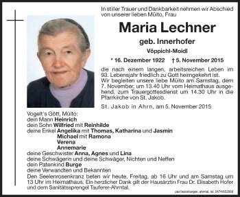 Traueranzeigen Von Maria Lechner Trauer Bz