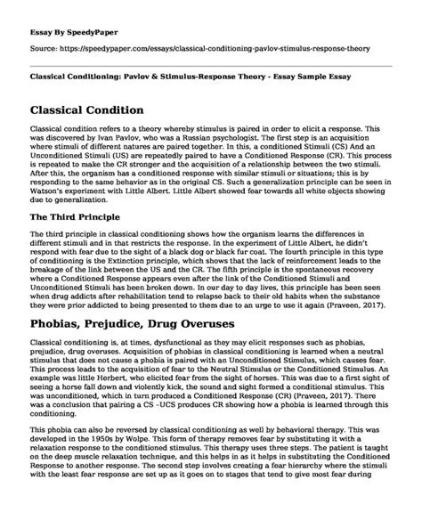 Classical Conditioning Pavlov Stimulus Response Theory Essay
