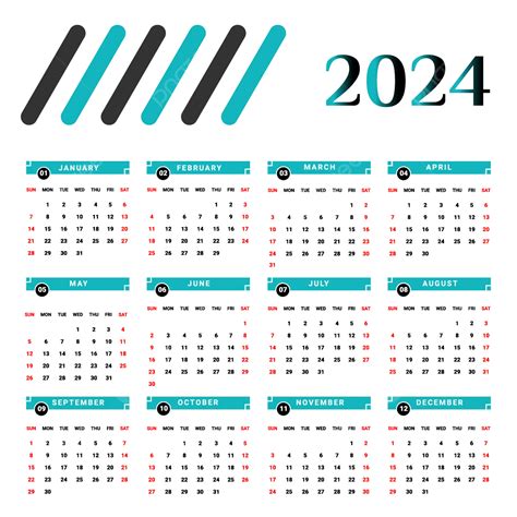 تقويم عام 2024 بشكل فريد باللونين الأسود والأخضر المتجه تقويم تقويم