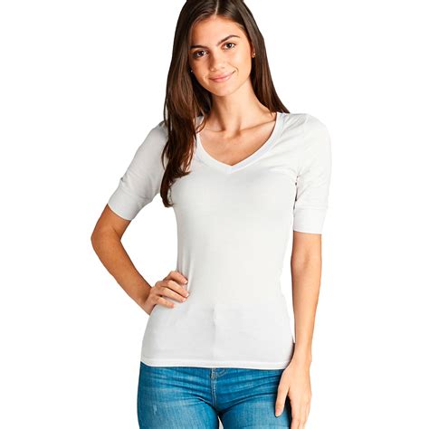 Womens Basic Elbow Sleeve V Neck Cotton T Shirt Plain Top Plus Size Available