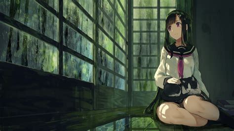 Anime School Uniform Anime Girls On The Floor Legs Tie Dark Hair