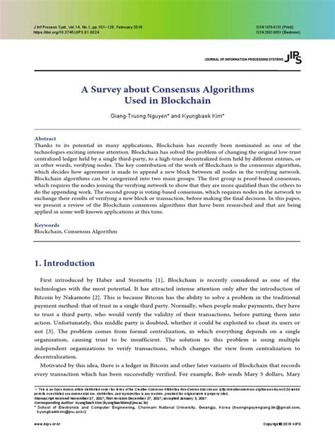 a survey about consensus algorithms used in blockchain giang truong nguyen and kyungbaek kim