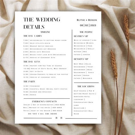 Minimalist Wedding Itinerary Template Wedding Day Of Timeline Bridal