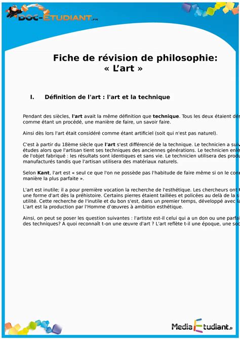 fiche philo sur l art et la technique Fiche de révision de