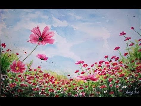 Painting Cosmos Flowers with Blue Sky in Watercolor 가을 하늘 코스모스 그리기