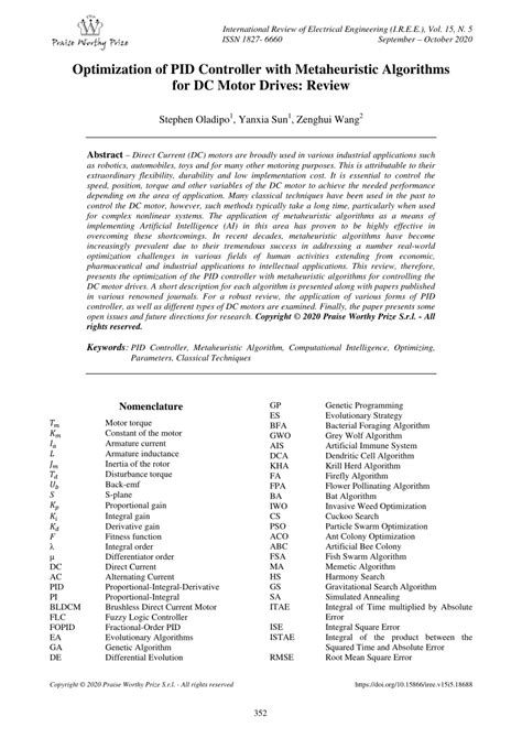 pdf optimization of pid controller with metaheuristic algorithms for dc motor drives review