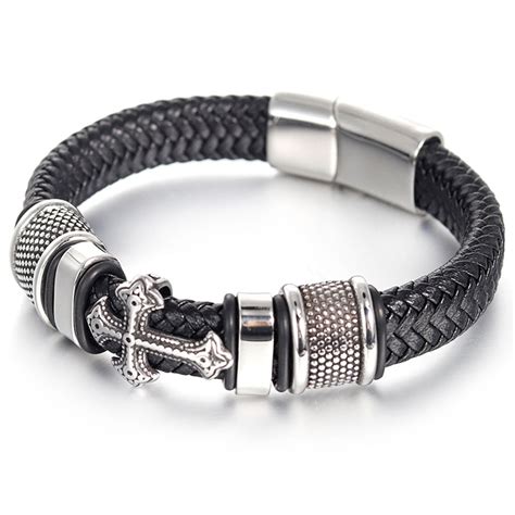 Men S Black Braided Leather Cross Bracelet Stainless Steel Clasp