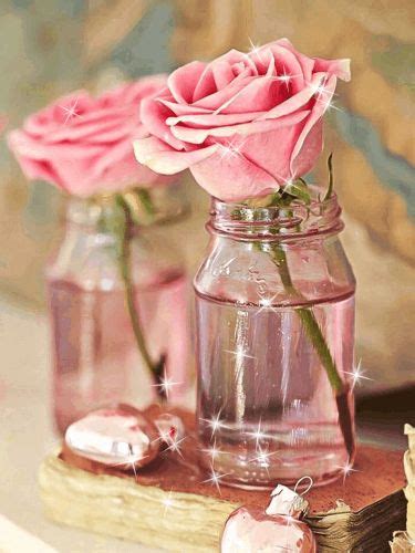 Two Pink Roses Are In Glass Jars On A Table