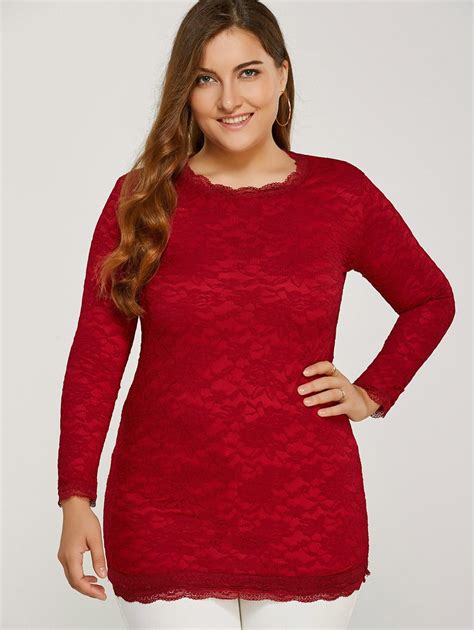 Red 2xl Long Sleeve Thicken Lace Blouse RoseGal