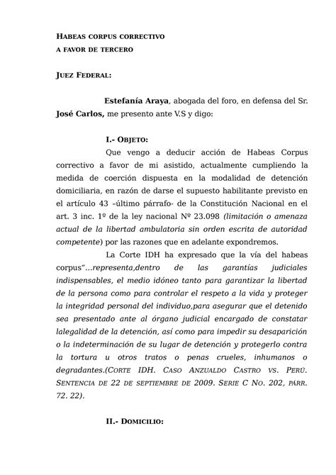 Habeas Corpus Modelo HABEAS CORPUS CORRECTIVO A FAVOR DE TERCERO