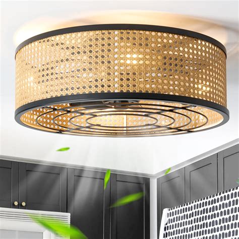Zheshirui Rattan Boho Ceiling Fan With Light Flush Mount 20 Inch Caged