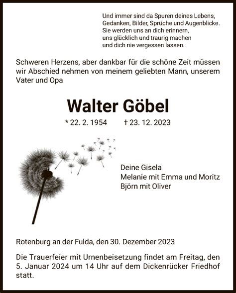 Traueranzeigen von Walter Göbel Trauer HNA de
