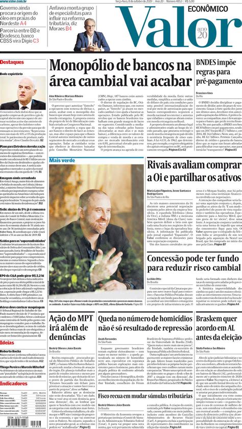 Capa Valor Econômico Terça 8 de Outubro de 2019