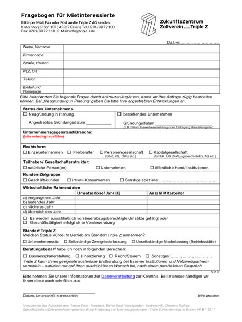 Ausfüllbar Online Fragebogen fr Mietinteressierte Triple Z Fax Email