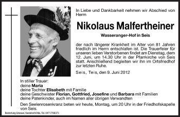 Traueranzeigen Von Nikolaus Malfertheiner Trauer Bz