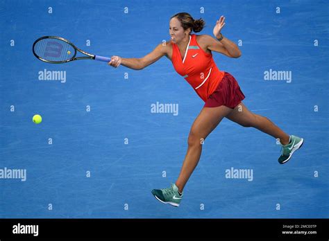Madison Keys Of The U S Plays A Forehand Return To To Compatriot Sofia