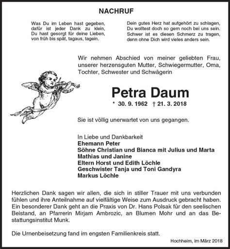 Traueranzeigen Von Petra Daum Vrm Trauer De