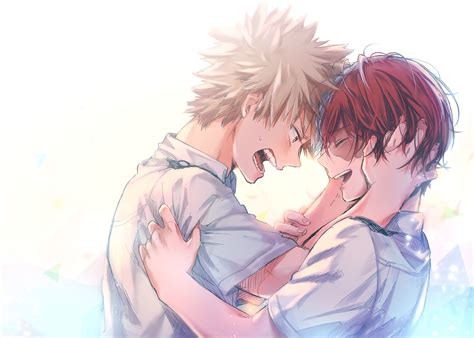 All Male Bakugou Katsuki Blonde Hair Boku No Hero Academia Hug Male Red Eyes Red Hair Short Hair