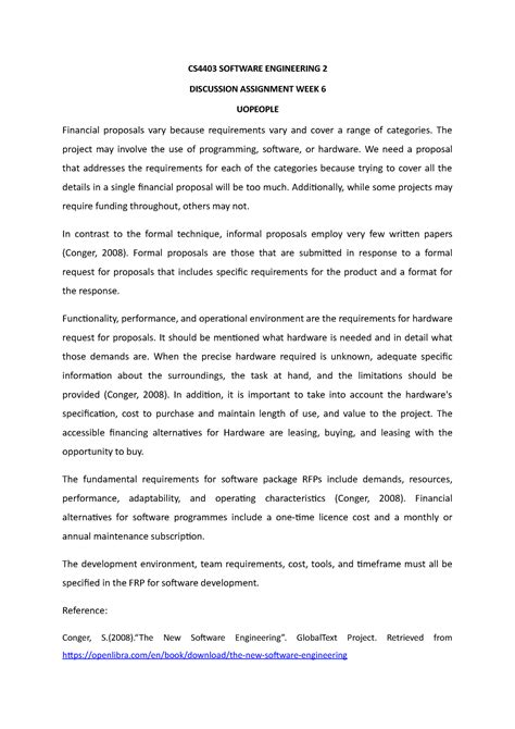 cs4403 software engineering 2 week6 cs4403 software engineering 2 discussion assignment week 6