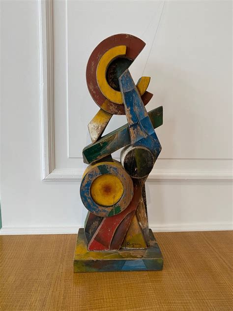 Proantic Sculpture Cubiste En Bois Polychrome Signature Illisible