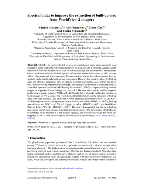 pdf spectral index to improve the extraction of built up area from worldview 2 imagery