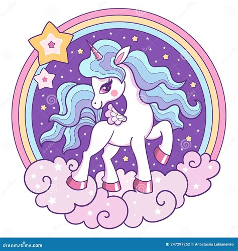 Dibujos Animados Unicornio Con Arco Iris Y Nubes Dibujo De Línea En