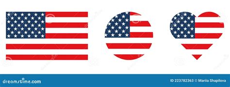 Conjunto De La Bandera Estadounidense En Forma De Corazón Cuadrado Y