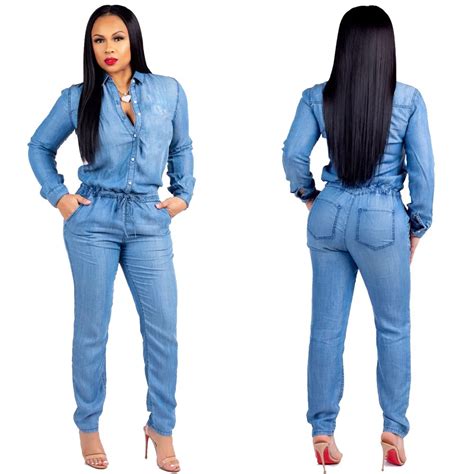 Yjsfg House Fashion Women S Jumpsuits Blue Denim Casual Long Sleeve