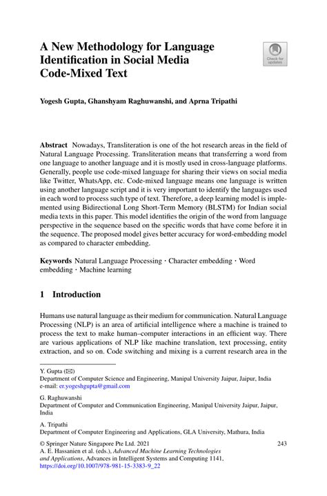 pdf a new methodology for language identification in social media code mixed text
