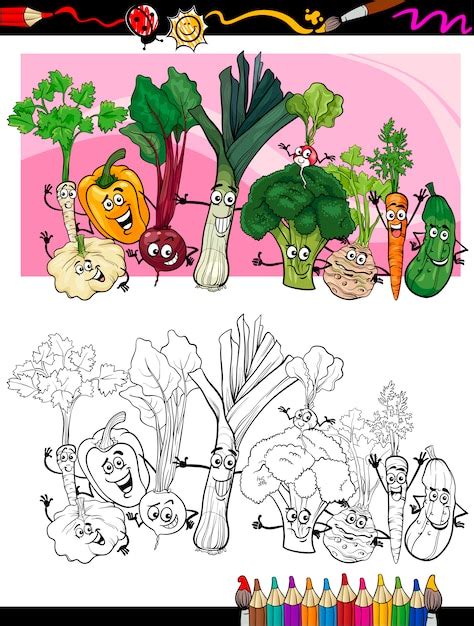 Dibujos Animados Divertidos Vegetales Para Colorear Libro Vector Premium