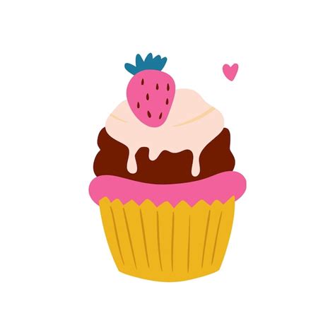 Cupcake dulce de cumpleaños con fresa y crema vector fiesta bebé niños