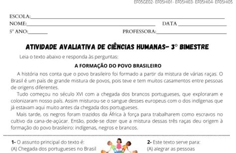Atividade Avaliativa Formação do Povo Brasileiro