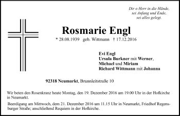Traueranzeigen Von Rosmarie Engl Trauer Nn De