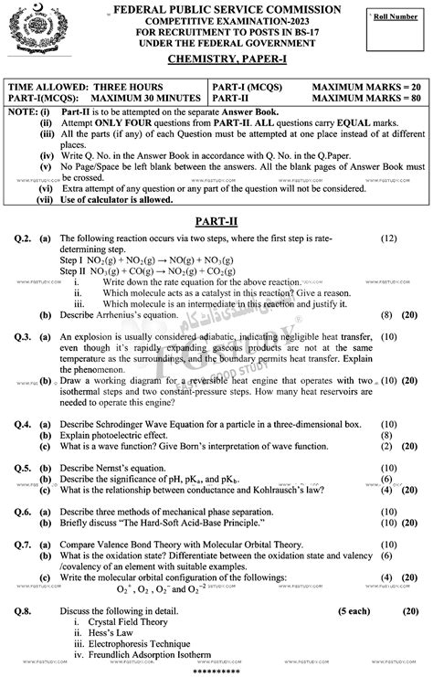 Css Chemistry Past Paper Federal Public Service Commission