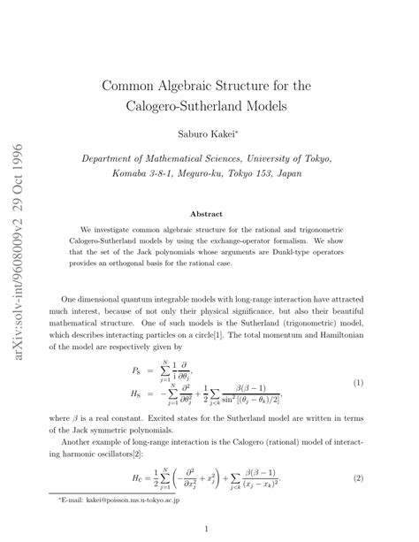 pdf common algebraic structure for the calogero sutherland models
