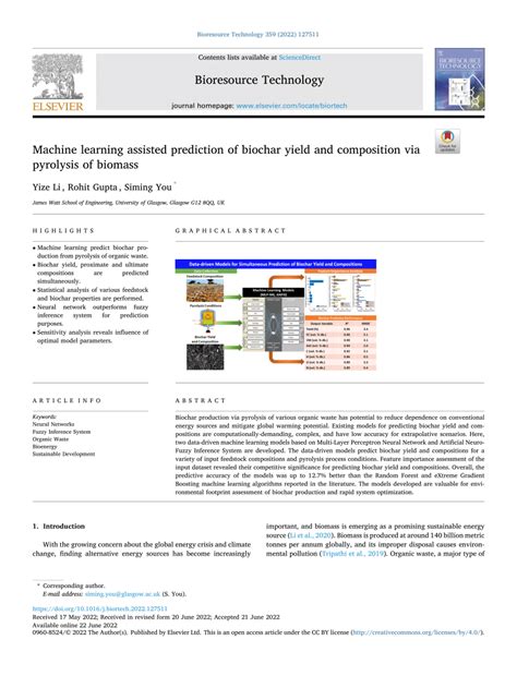 pdf machine learning assisted prediction of biochar yield and composition via pyrolysis of biomass