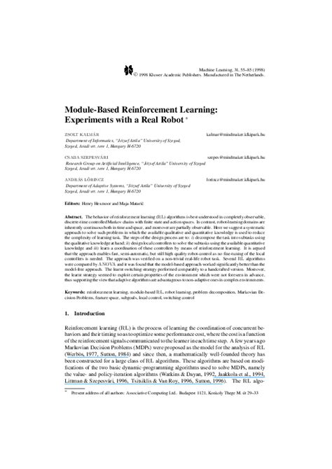 pdf module based reinforcement learning experiments with a real robot csaba szepesvari and